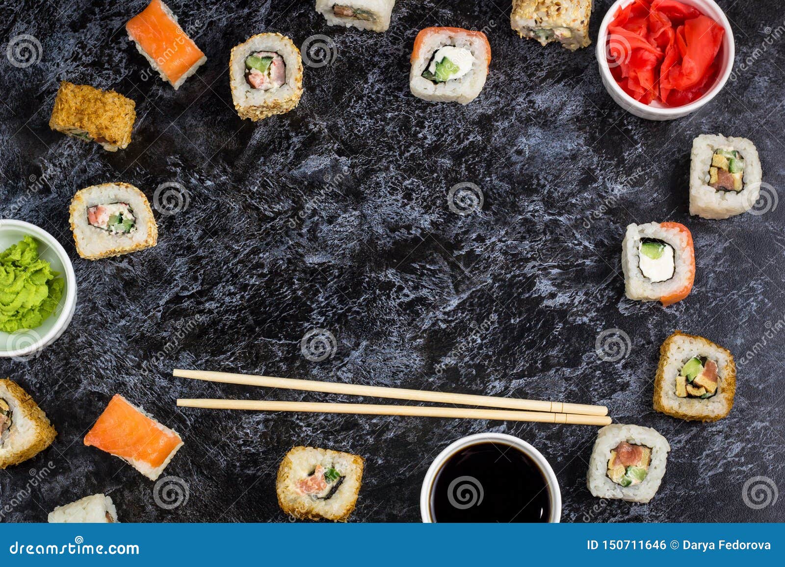Set of Sushi and Maki on Stone Table. Top View with Copy Space Stock ...