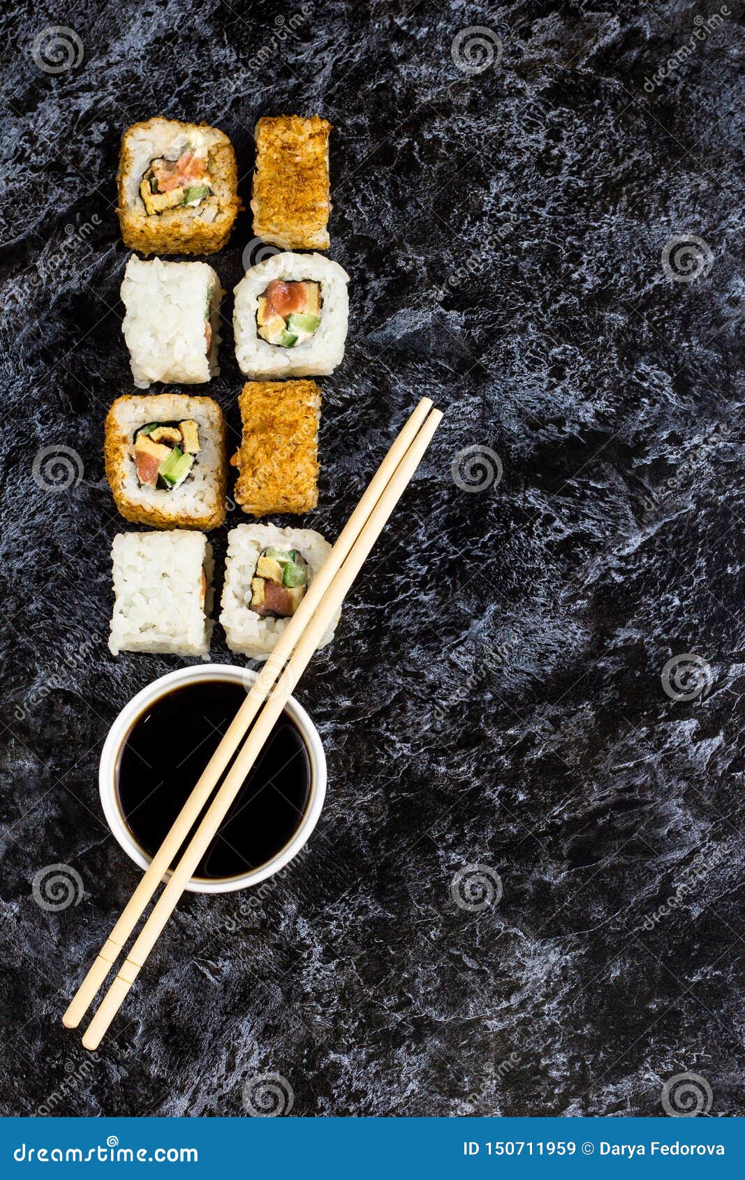 Set of Sushi and Maki on Stone Table. Top View with Copy Space Stock ...