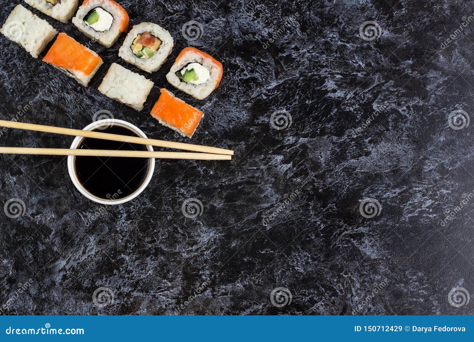 Set of Sushi and Maki on Stone Table. Top View with Copy Space Stock ...