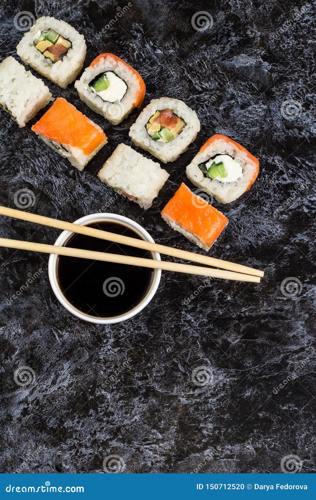 Set of Sushi and Maki on Stone Table. Top View with Copy Space Stock ...