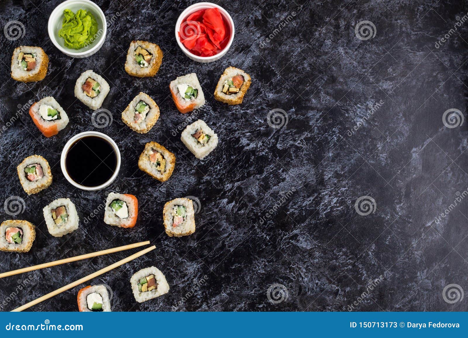 Set of Sushi and Maki on Stone Table. Top View with Copy Space Stock ...
