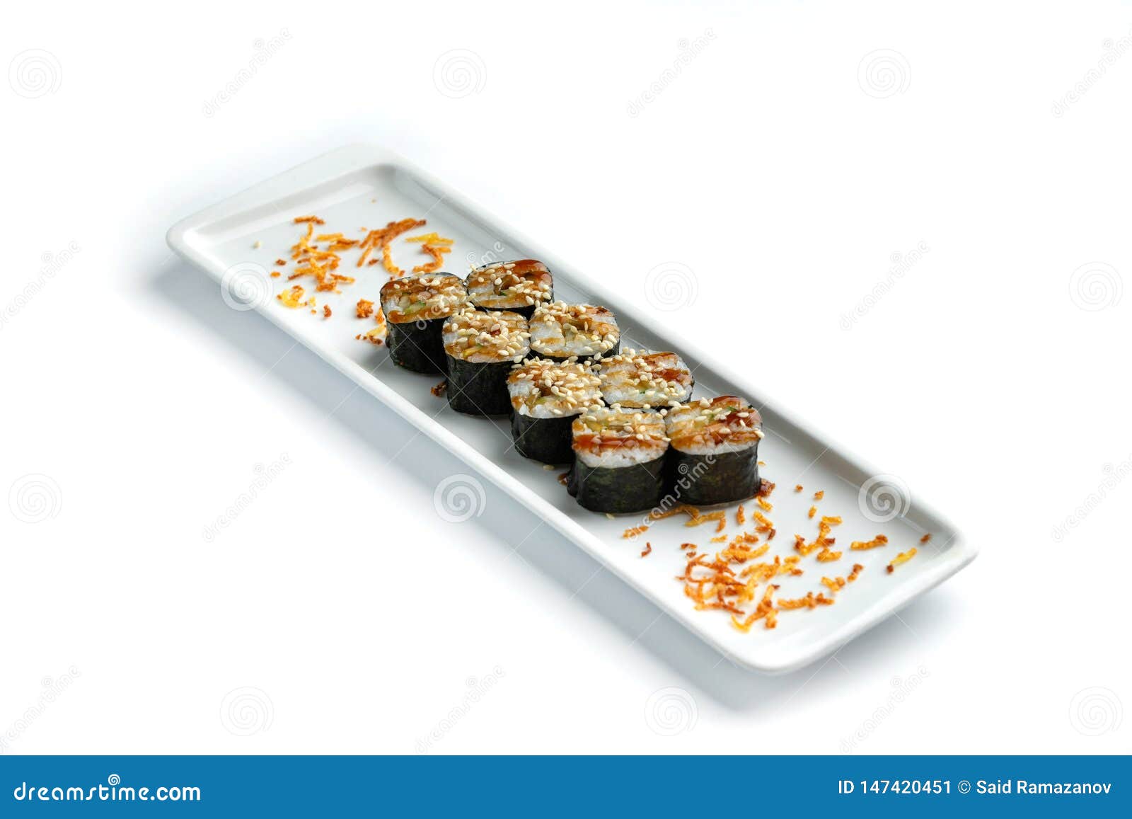 Set Sushi on a Rectangular Plate on an Isolated White Background Stock ...