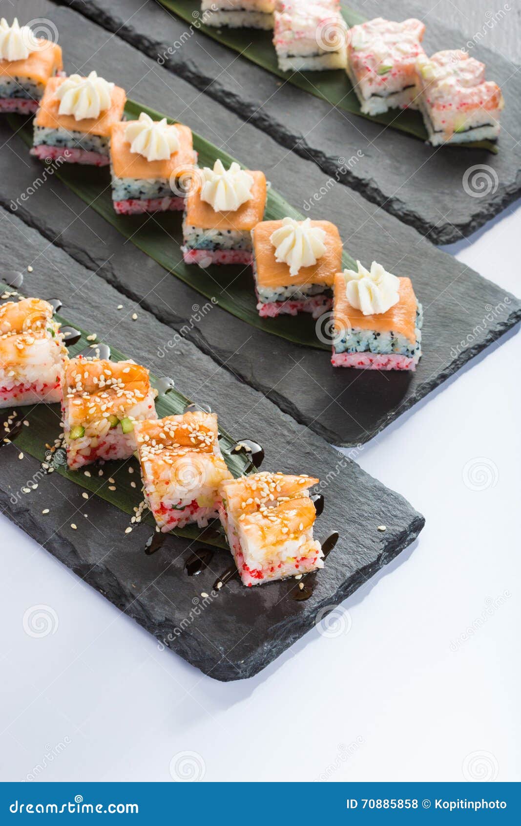 Set of Sushi on a Slate Square Plate. Stock Photo - Image of rice ...