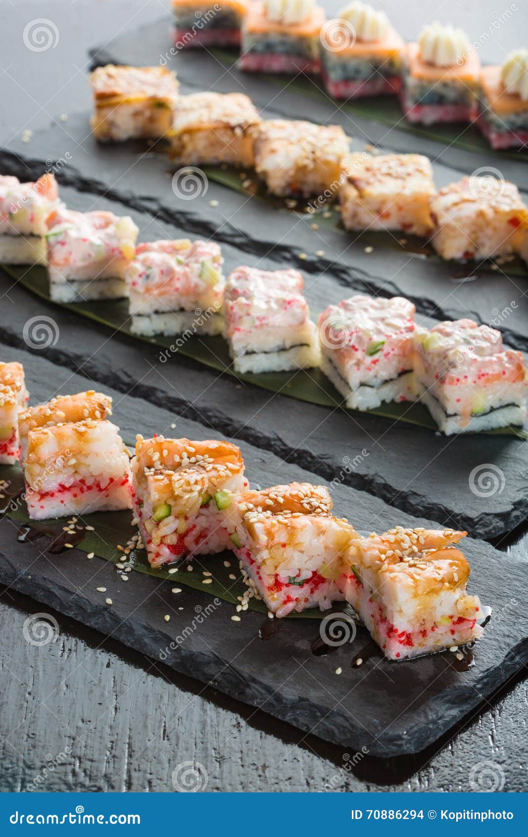 Set of Sushi on a Slate Square Plate. Stock Photo - Image of food ...