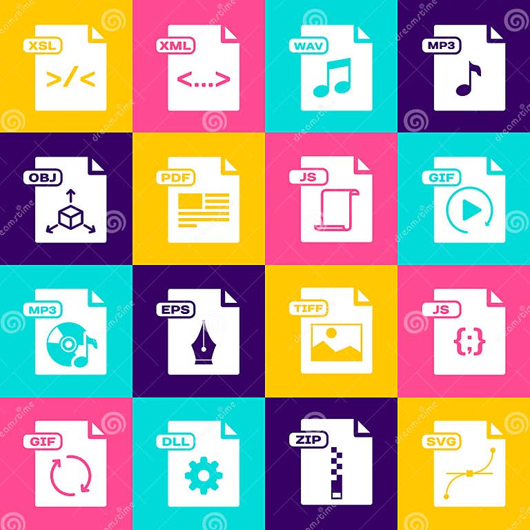 Set SVG File Document, JS, GIF, WAV, PDF, OBJ, XSL and Icon. Vector ... Set SVG File Document, JS, GIF, WAV, PDF, OBJ, XSL and Icon. Vector ...