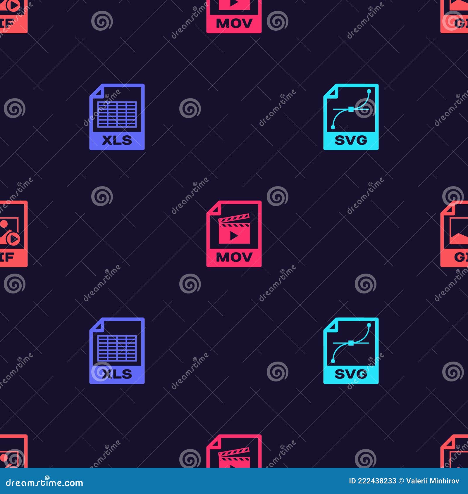 Set SVG File Document, XLS, MOV and GIF on Seamless Pattern. Vector ... Set SVG File Document, XLS, MOV and GIF on Seamless Pattern. Vector ...