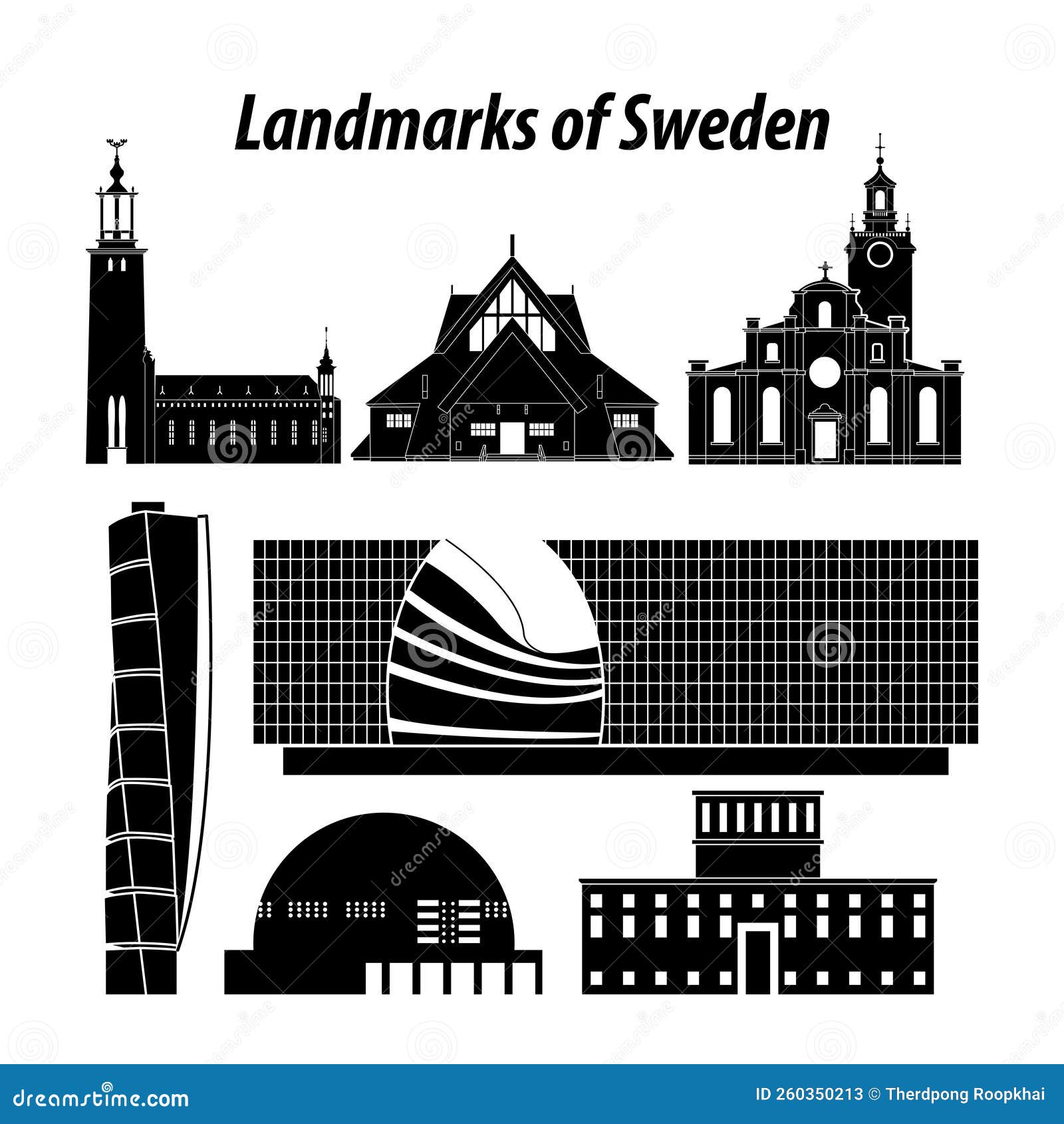 Set of Sweden Famous Landmarks by Silhouette Style Stock Vector ...