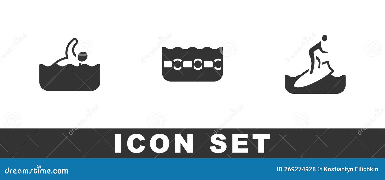 Set Swimmer, Swimming Pool and Surfboard Icon. Vector Stock Vector ...