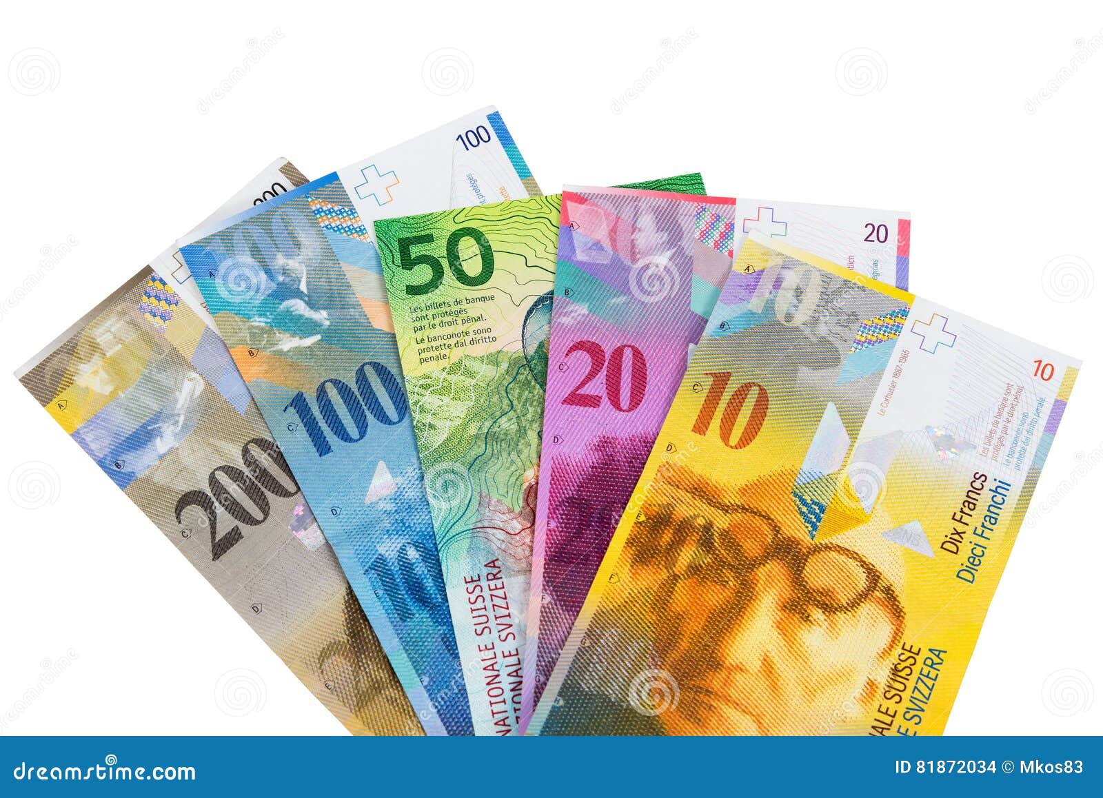 Set of Swiss Franc Banknotes on White Background Stock Photo - Image of ...