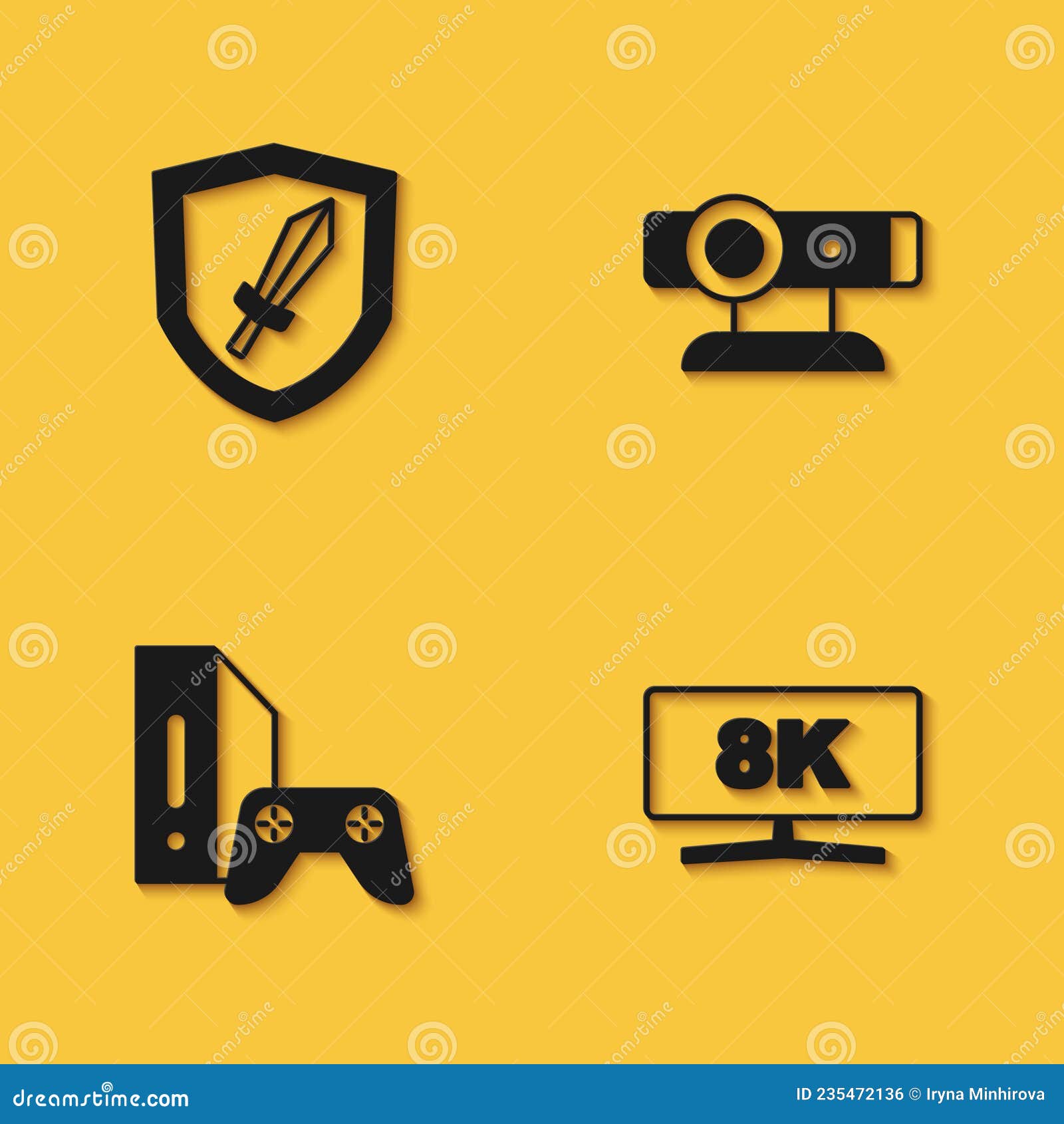 Set Sword for Game, Computer Monitor, Game Console with Joystick and Web Camera Icon with Long ...