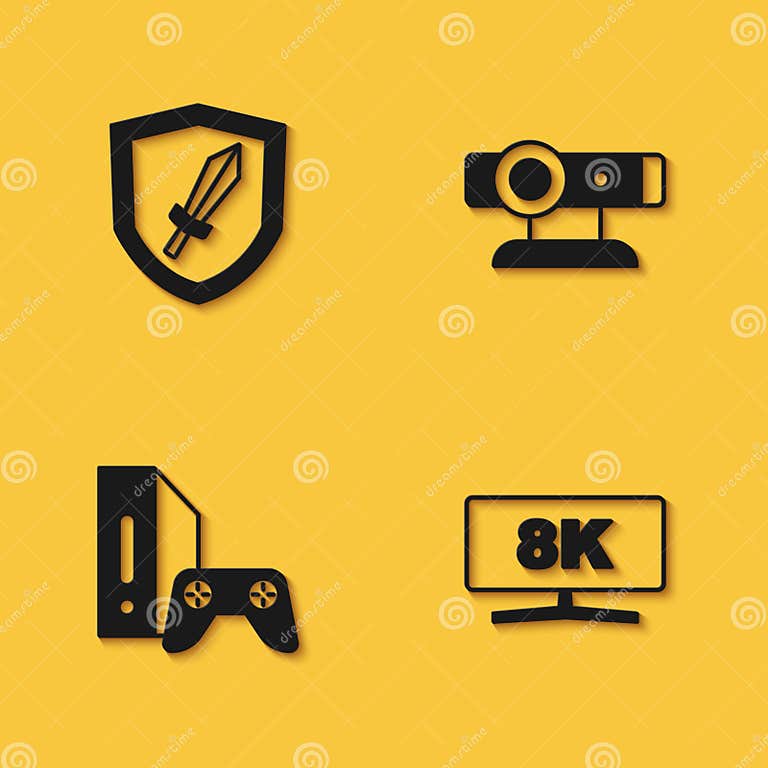 Set Sword for Game, Computer Monitor, Game Console with Joystick and Web Camera Icon with Long ...