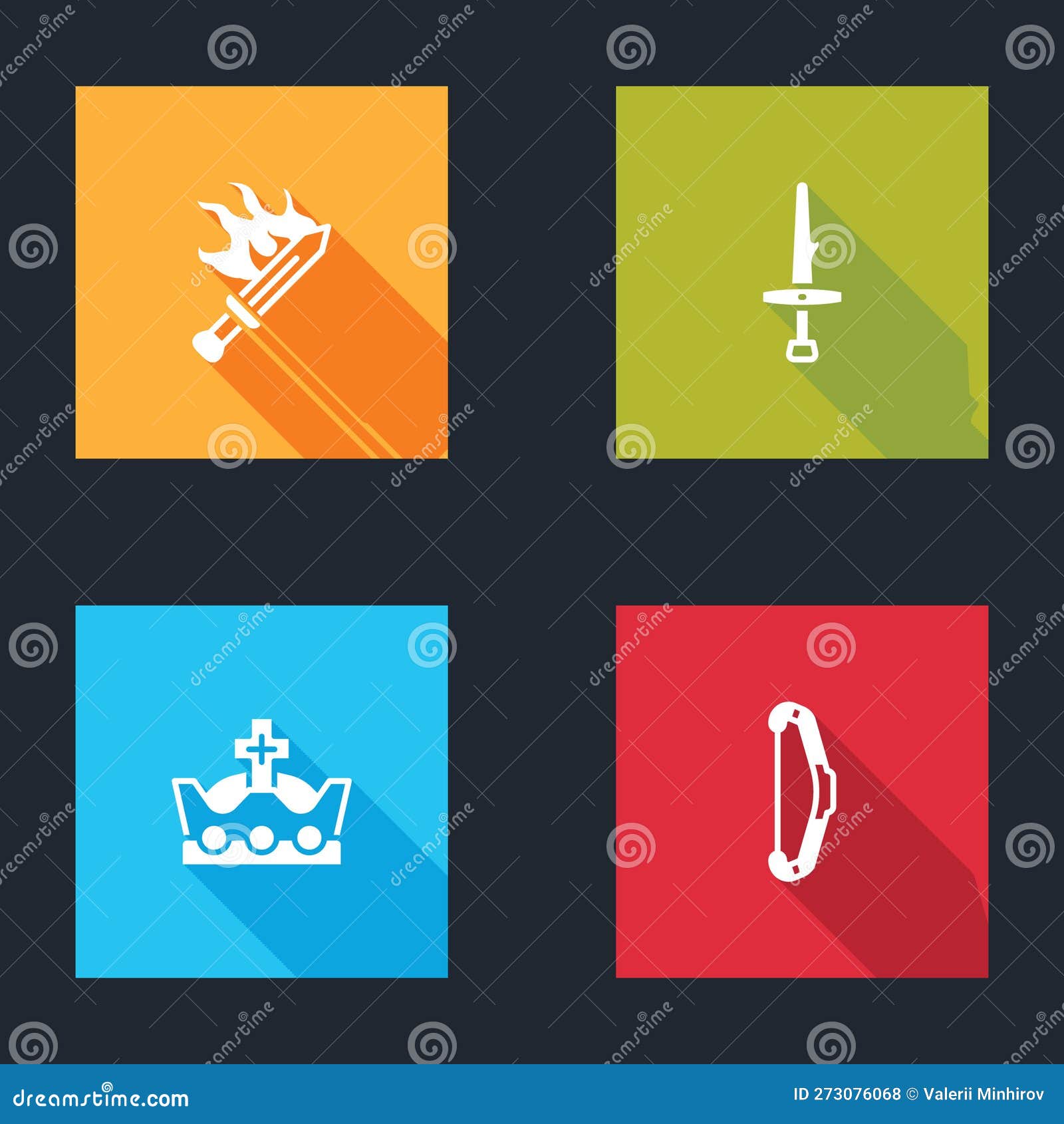 Set Sword for Game, Dagger, King Crown and Medieval Bow Icon. Vector ...