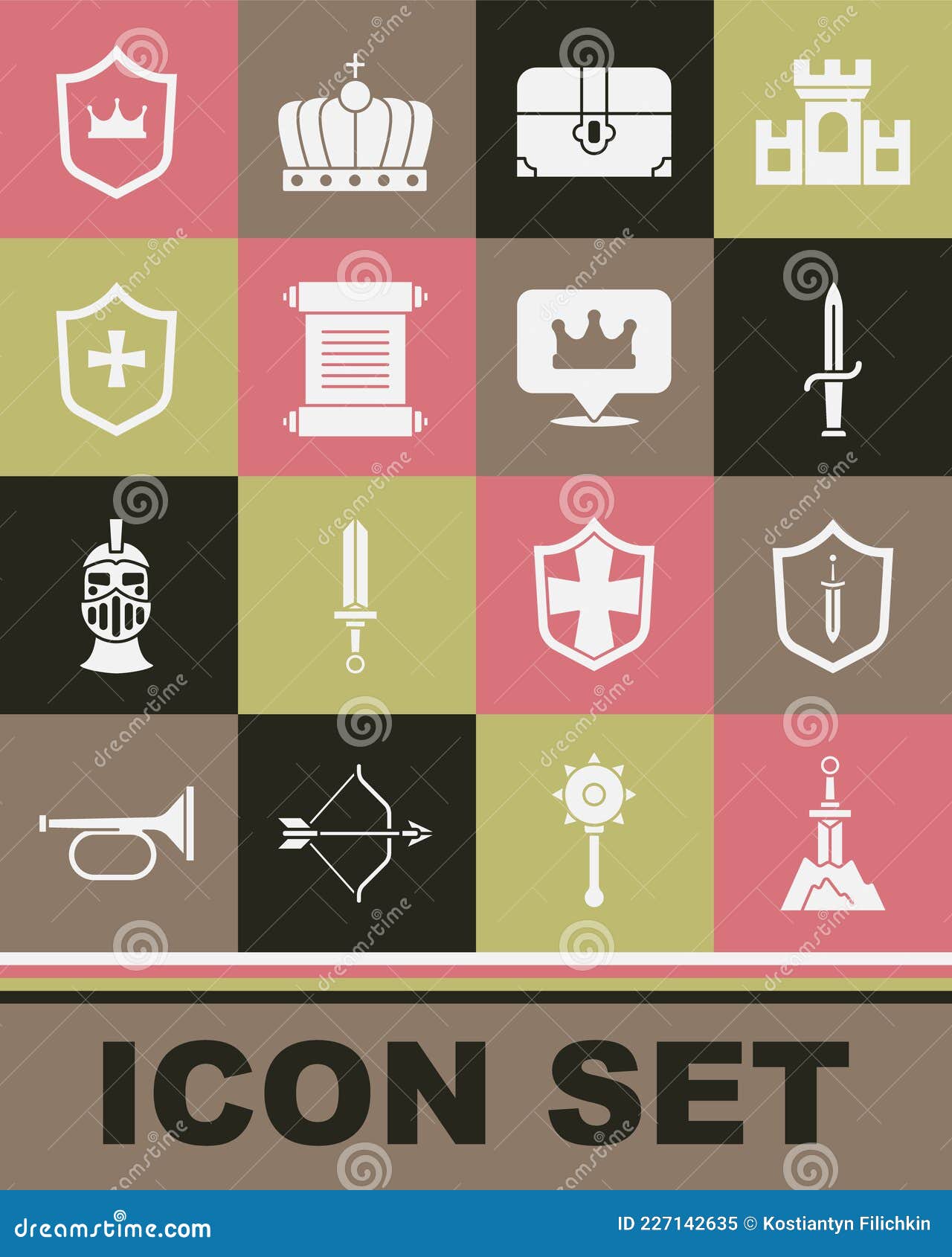 Set Sword in the Stone, Medieval Shield with Sword, Dagger, Antique ...