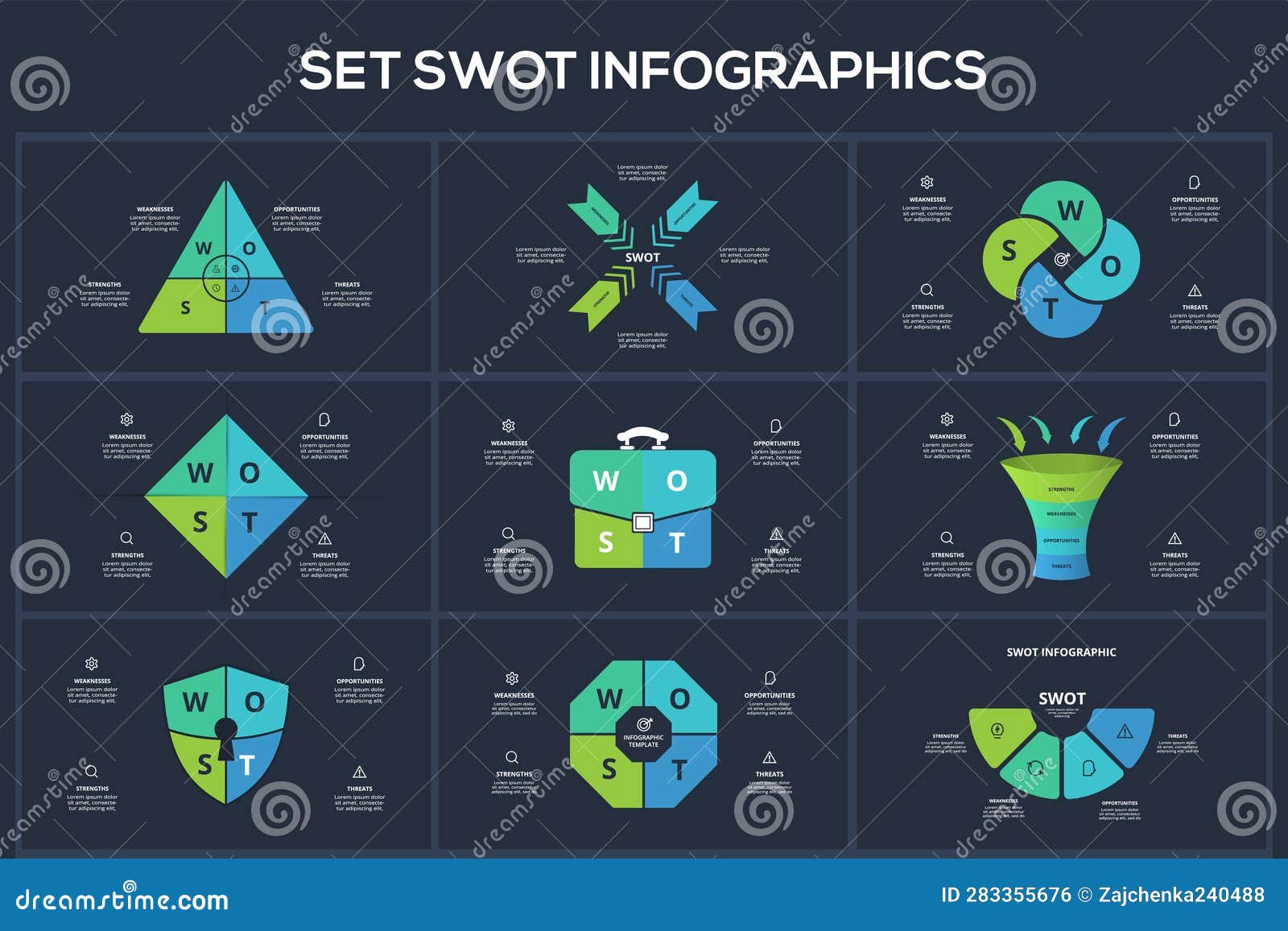 Set SWOT Diagram with Steps, Options, Parts or Processes. Template for ...
