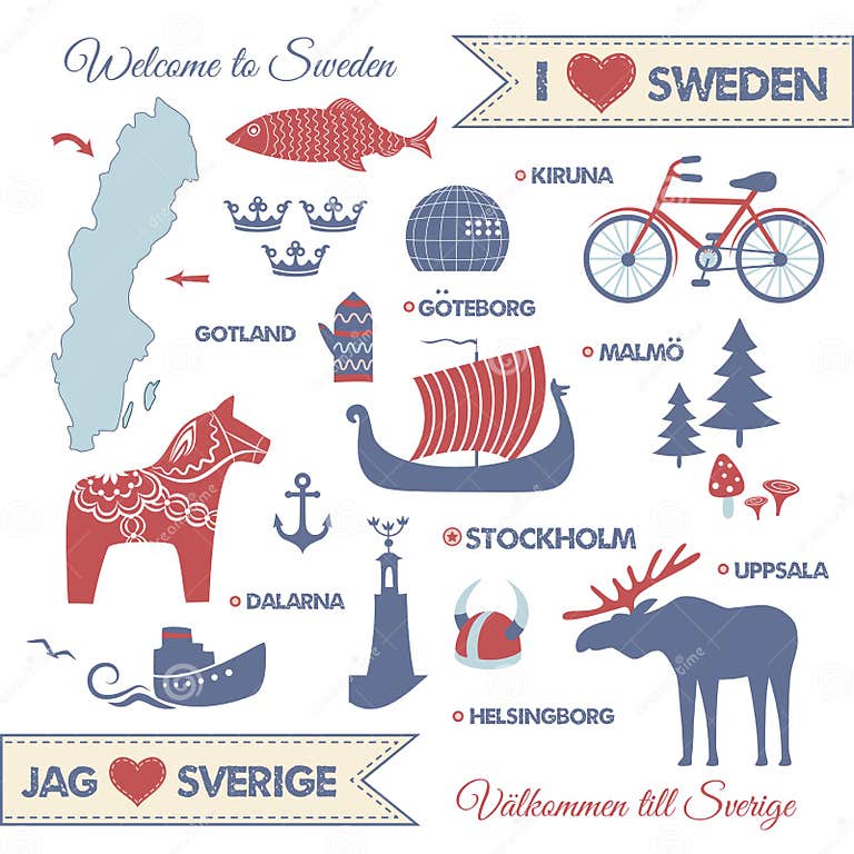 Set with Symbols and Map of Sweden Stock Vector - Illustration of ...