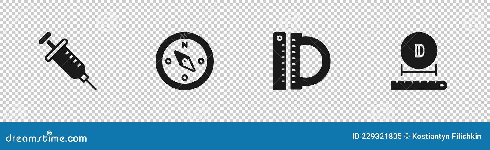 Set Syringe, Compass, Protractor and Ruler and Diameter Icon. Vector ...