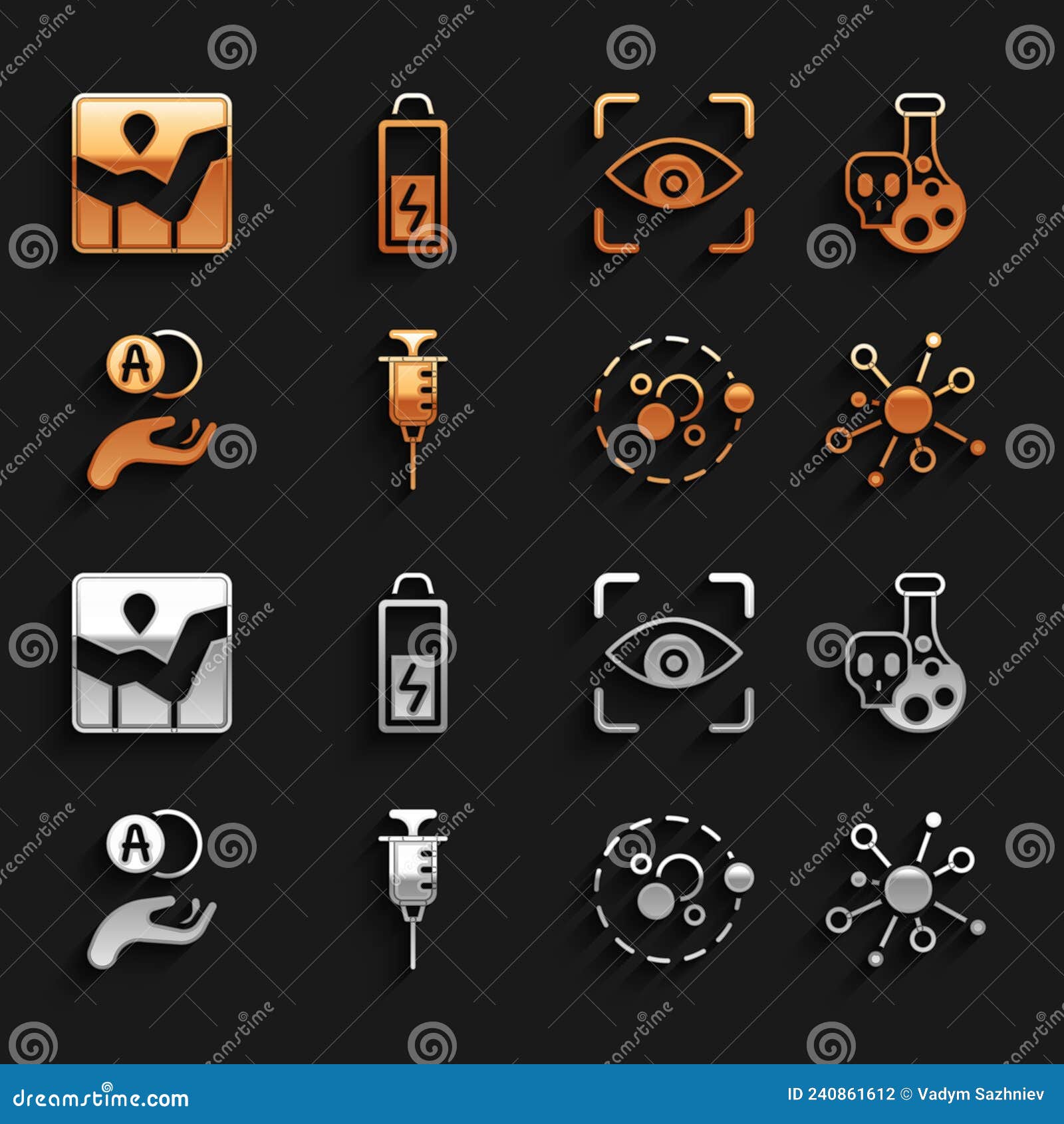 Set Syringe, Test Tube with Toxic Liquid, Molecule, Atom, Eye Scan ... Set Syringe, Test Tube with Toxic Liquid, Molecule, Atom, Eye Scan ...
