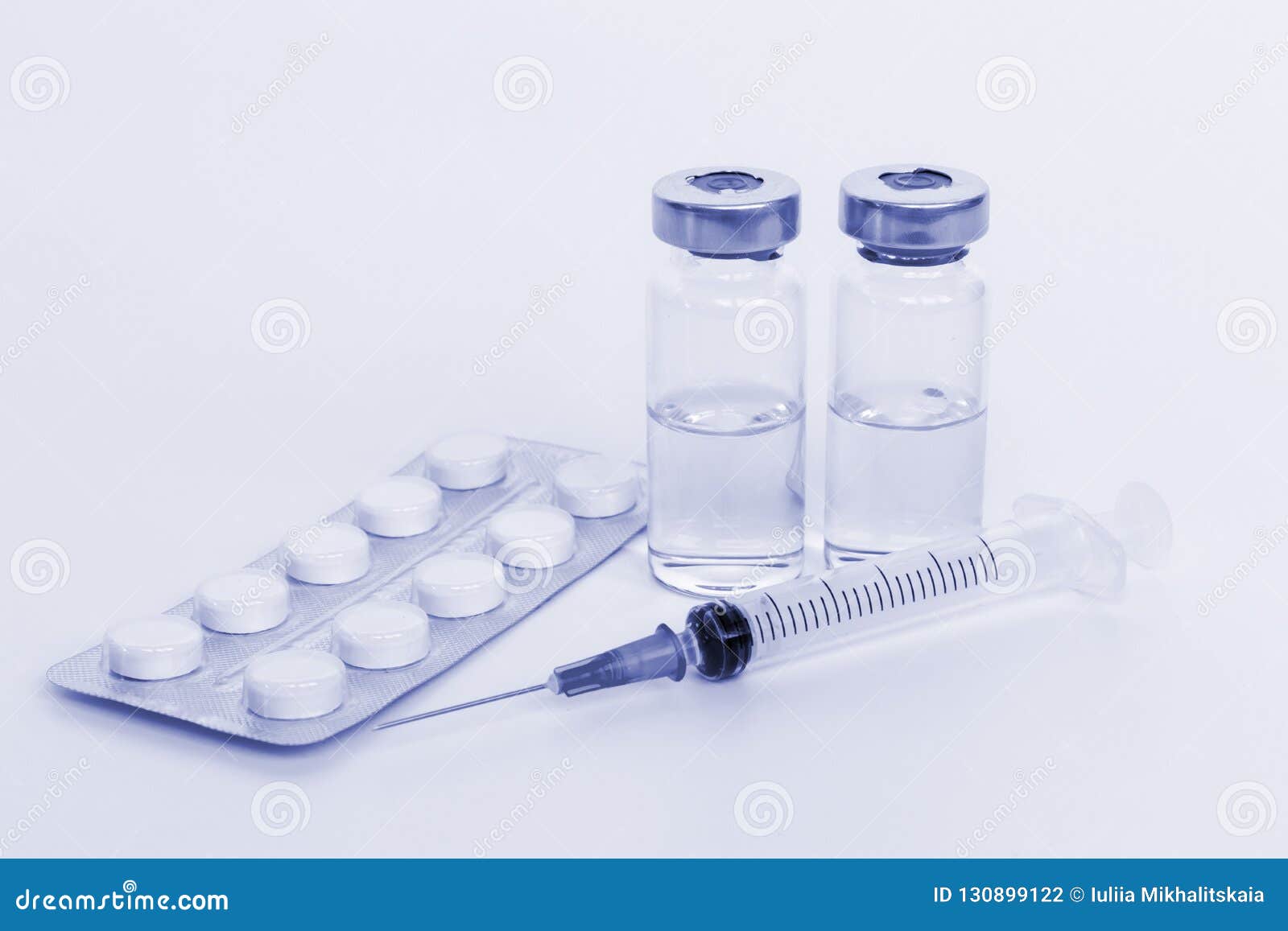 Set of Syringe, Two Vials and Tablets on White Background Stock Photo ...
