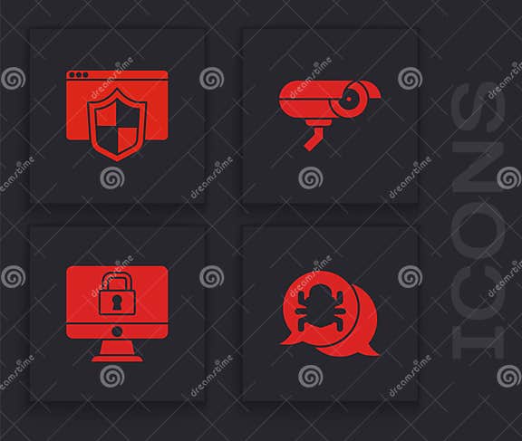 Set System Bug, Browser with Shield, Security Camera and Lock on Monitor Icon. Vector Stock ...