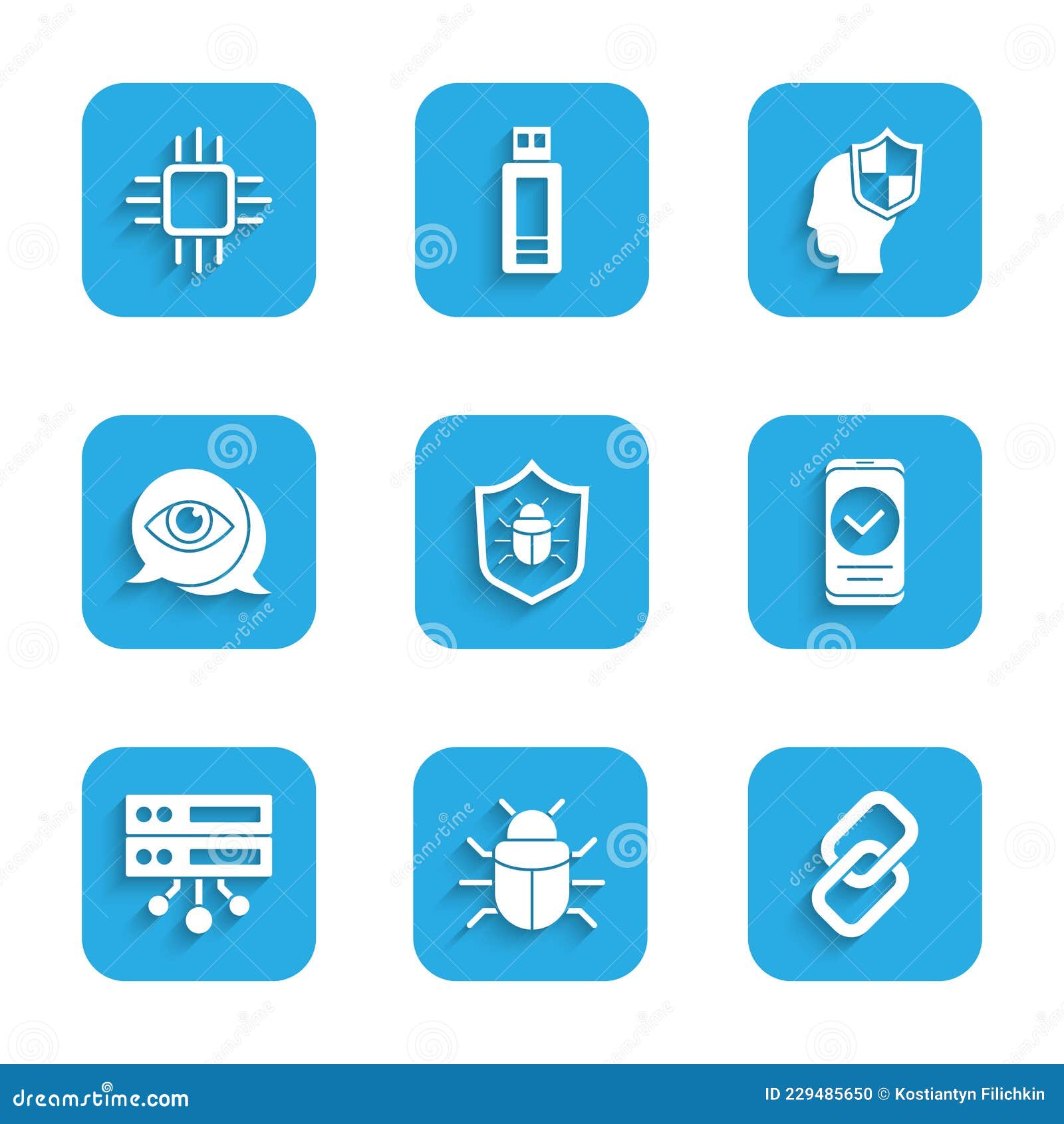 Set System Bug, Chain Link, Smartphone, Server, Data, Web Hosting, Eye Scan, Head with Shield ...