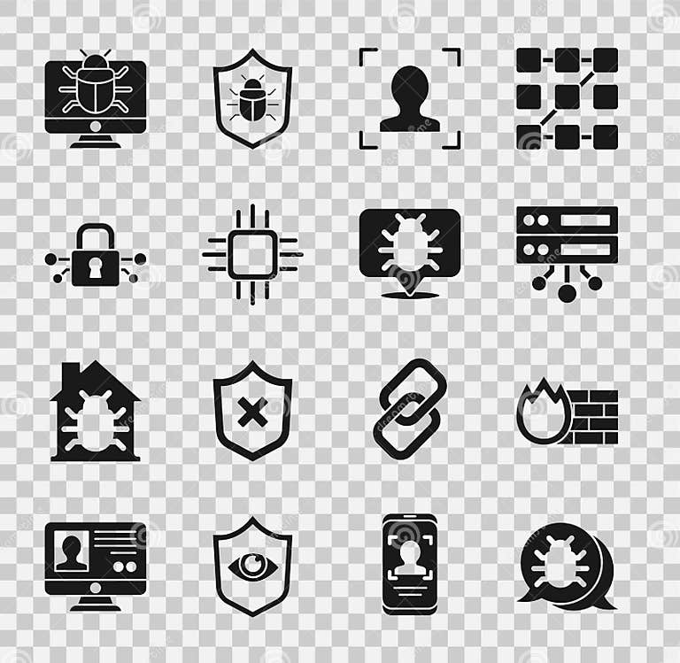 Set System Bug, Firewall, Security Wall, Server, Data, Web Hosting, Face Recognition, Processor ...