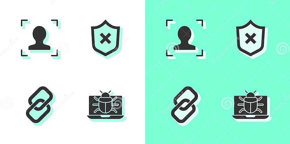 Set System Bug on Monitor, Face Recognition, Chain Link and Shield with Cross Mark Icon. Vector ...