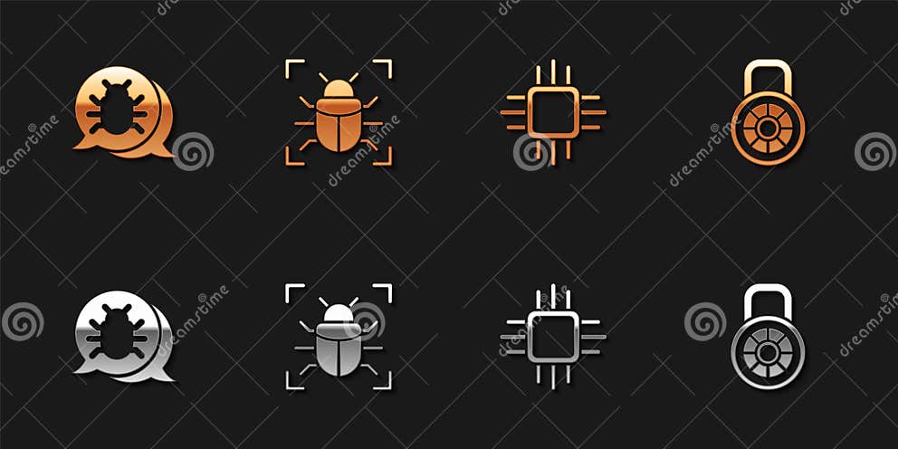 Set System Bug, , Processor with Microcircuits CPU and Safe Combination Lock Icon. Vector Stock ...