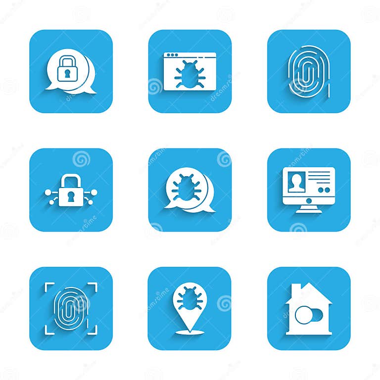 Set System Bug Smart Home Create Account Screen Fingerprint Cyber Security And Icon Vector