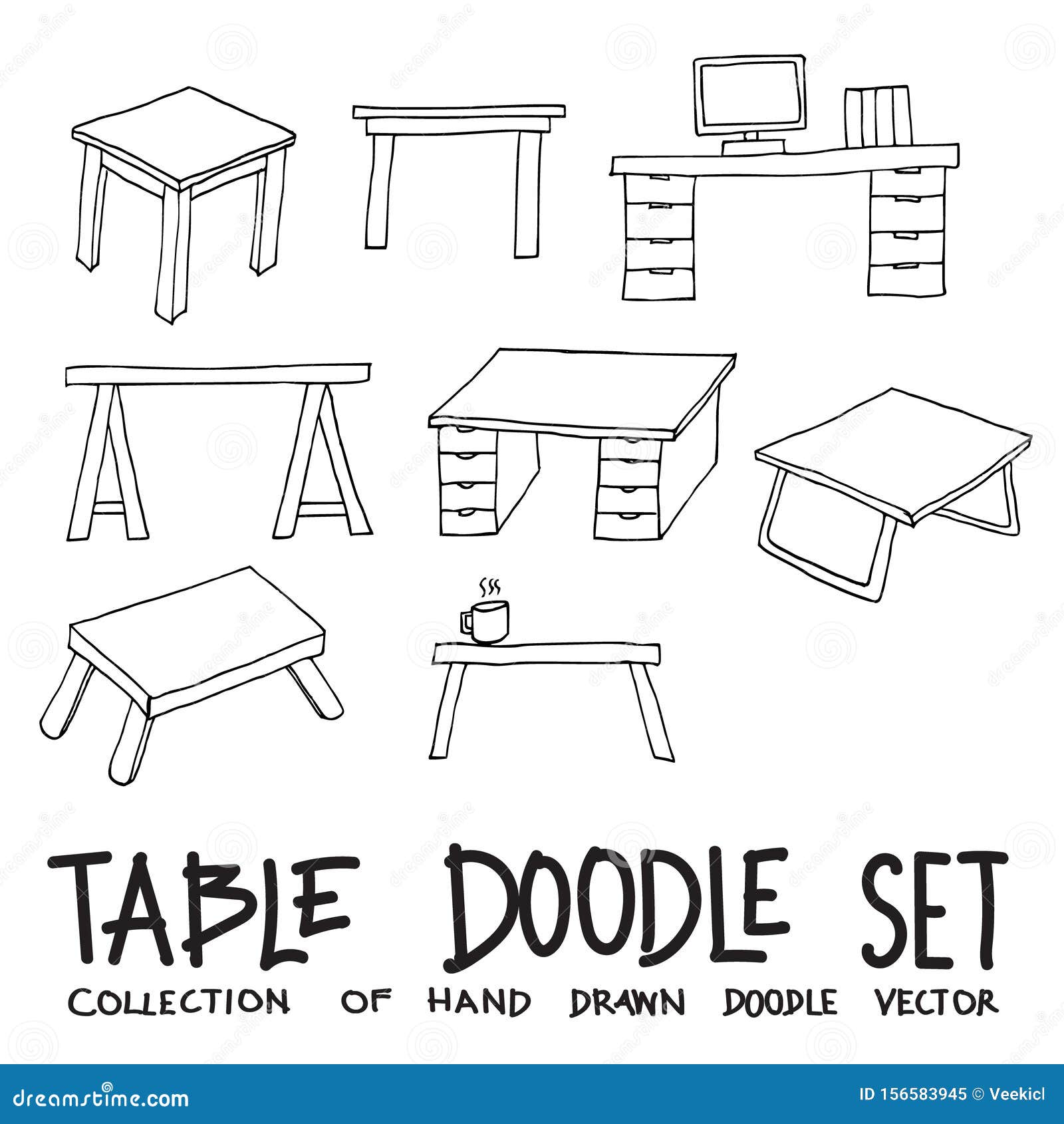 Set of Table Drawing Illustration Hand Drawn Doodle Sketch Line Vector ...