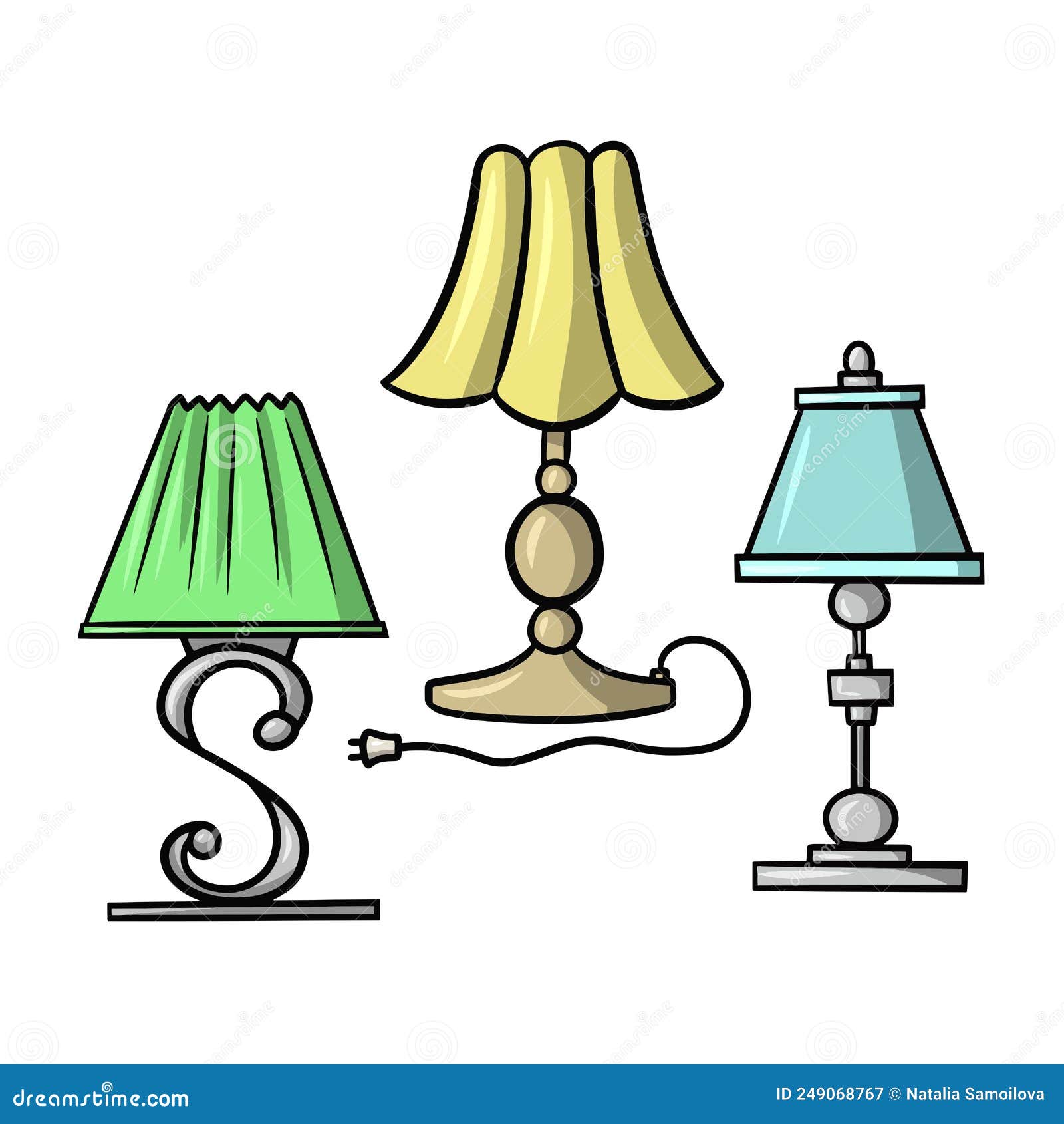 A Set of Table Lamp with Different Shades in Cartoon Style, Vector ...