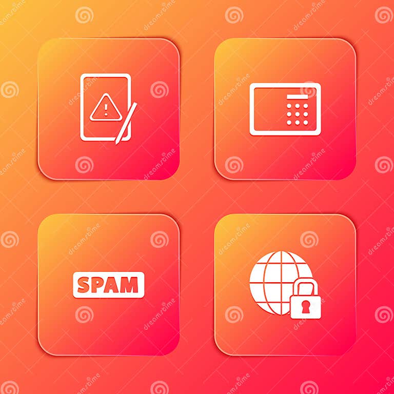 Set Tablet with Exclamation Mark, Safe, Spam and Global Lockdown Icon ...