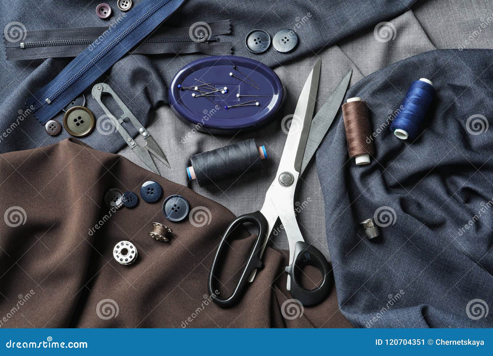 Set of Tailoring Accessories on Fabric Samples Stock Image - Image of ...