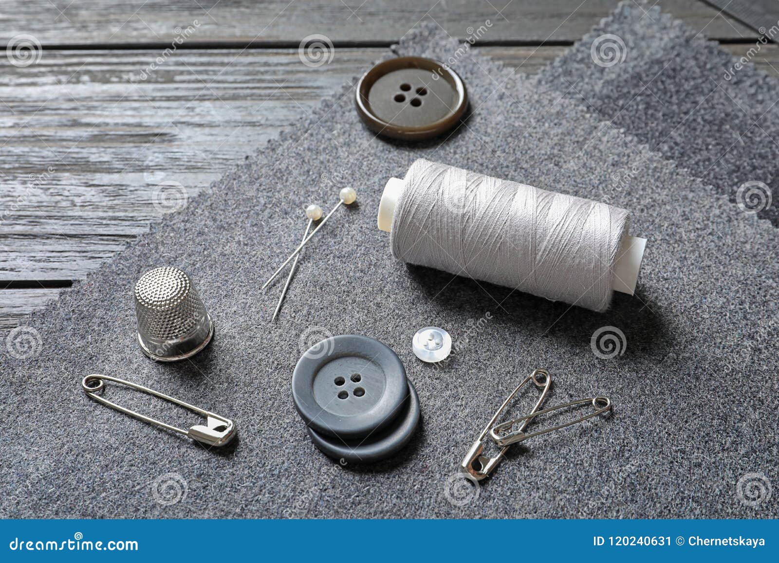 Set of Tailoring Accessories and Fabric on Table Stock Image - Image of ...
