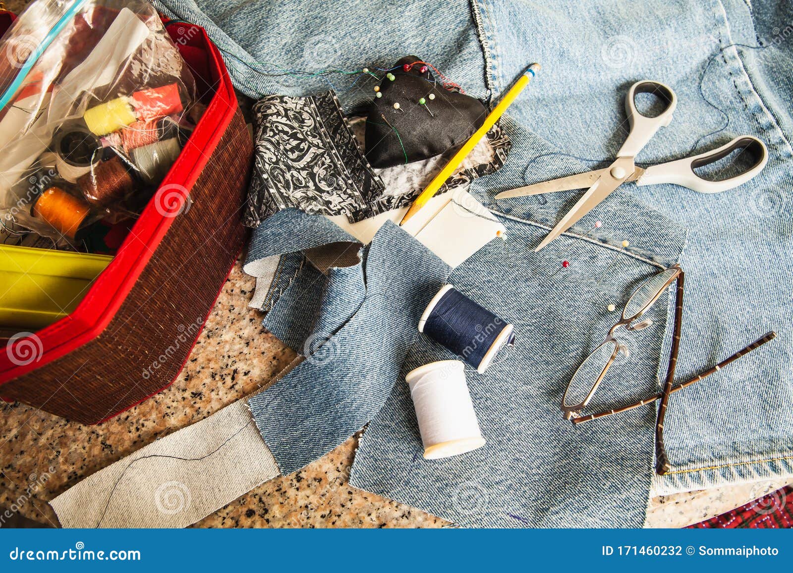 Set of Tailoring Tools, Accessories and Fabric on Table Stock Photo ...