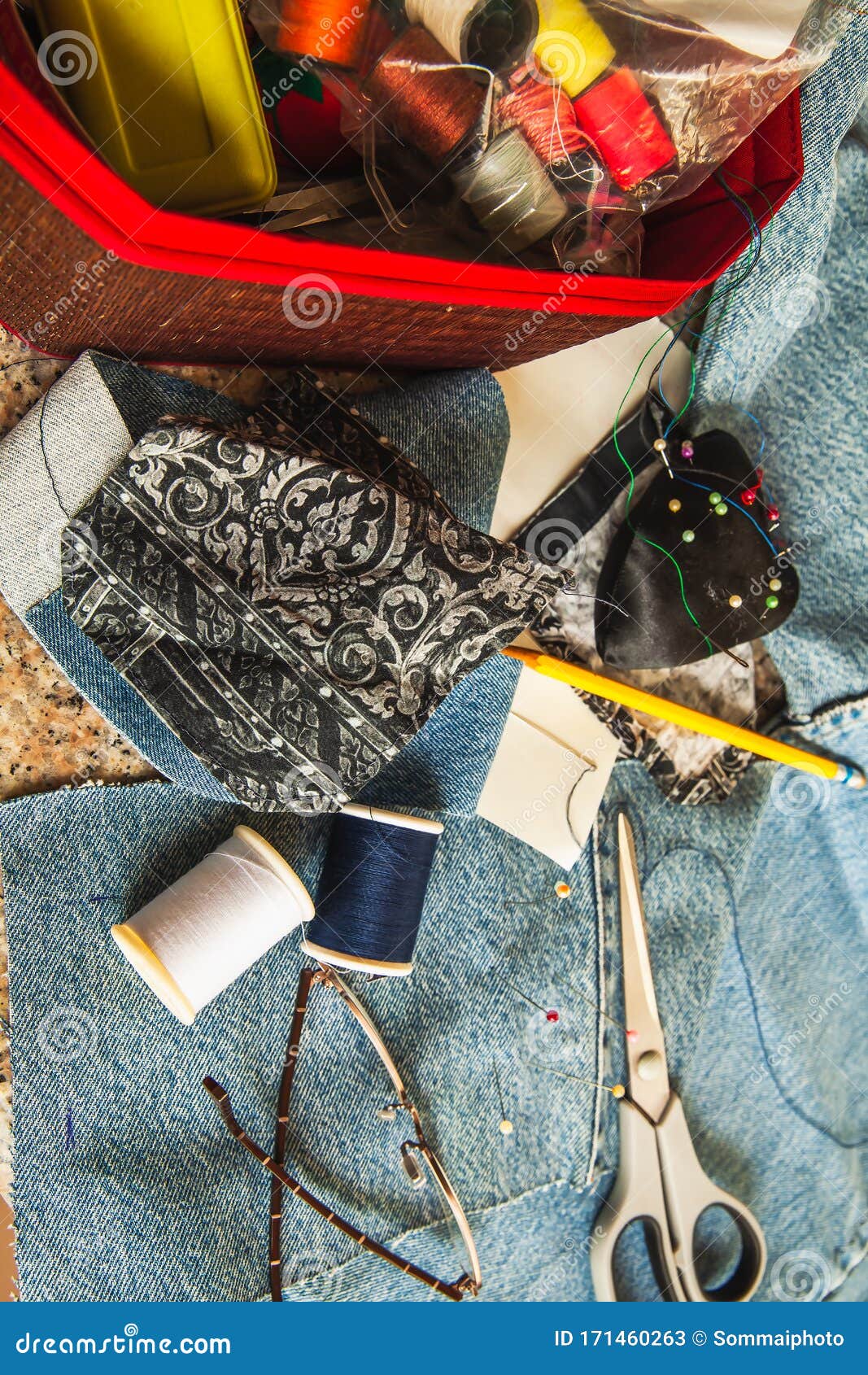 Set of Tailoring Tools, Accessories and Fabric on Table Stock Image ...