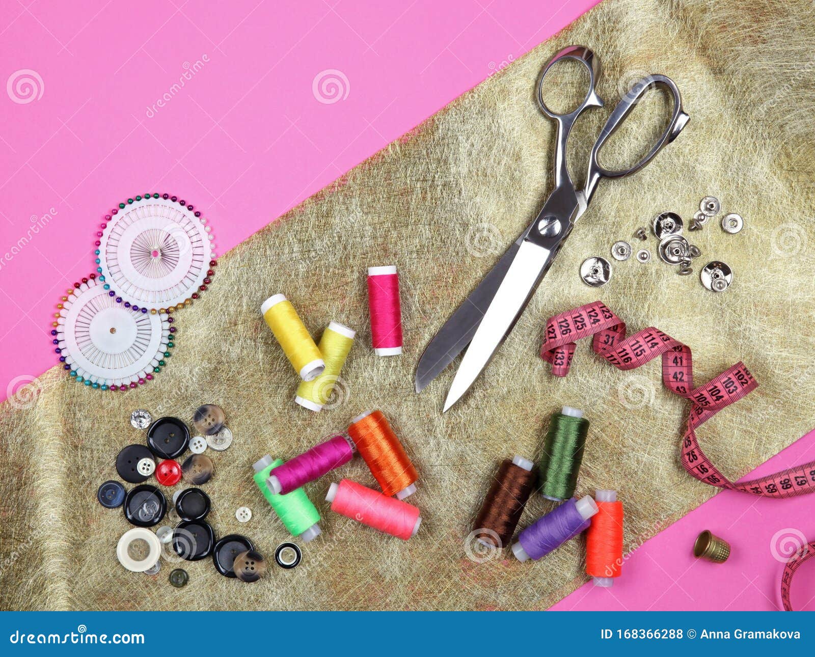 Set of Tailoring Tools and Accessories on Golden Fabric. Top View, Flat ...