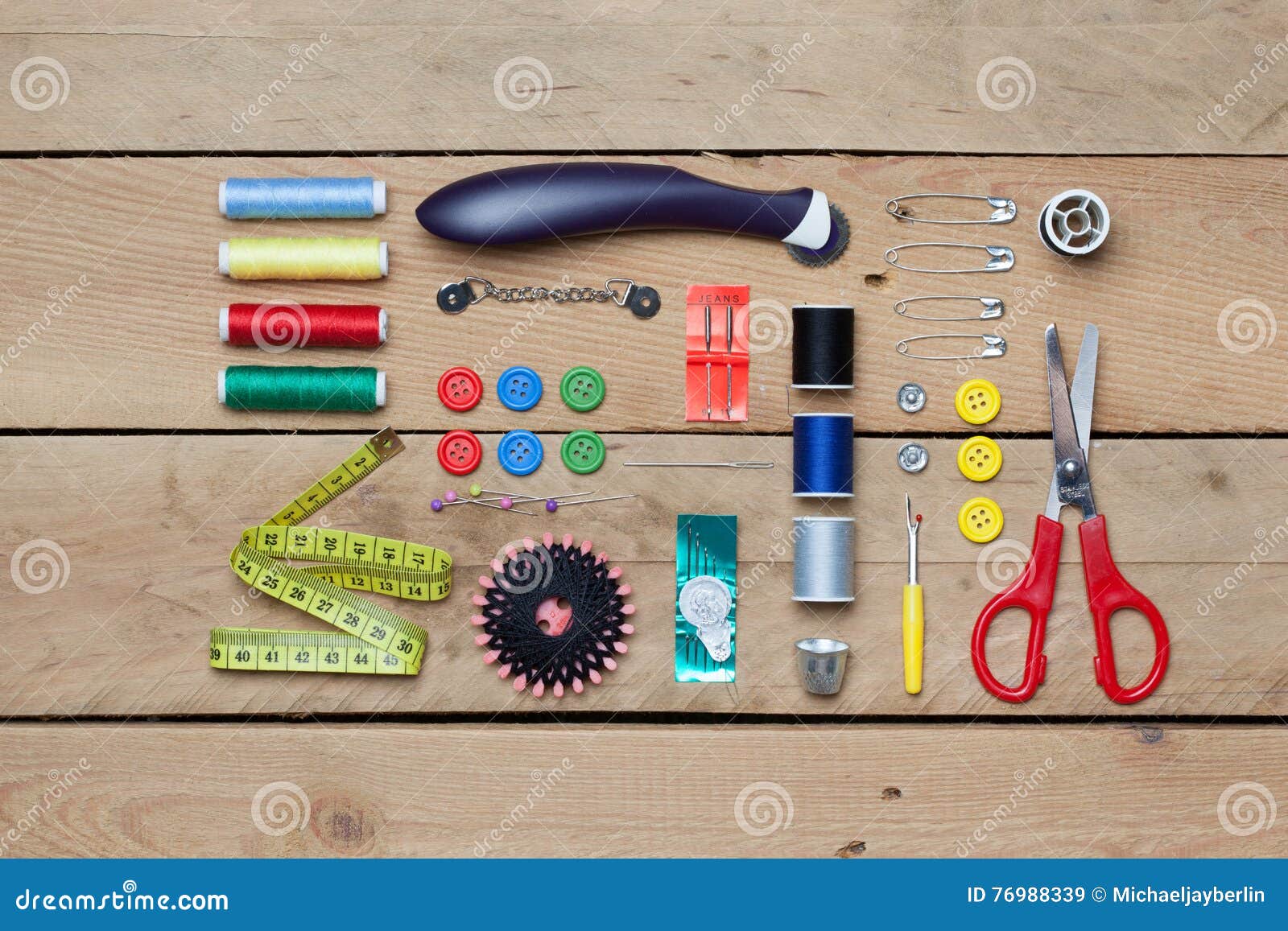 Set of Tailoring Tools on Wooden Background Stock Image - Image of ...
