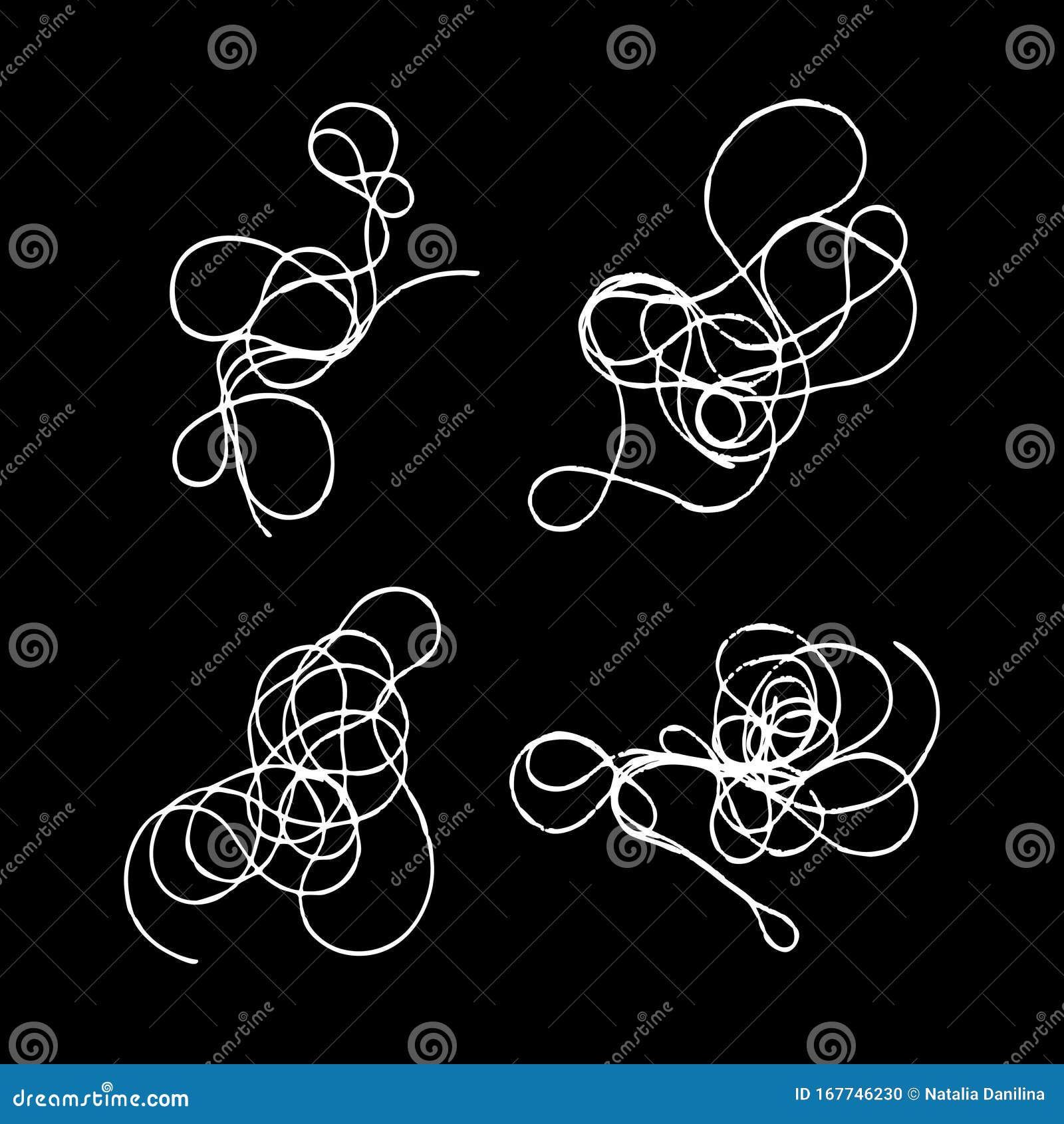 Set of Tangled Threads. Black Outline Abstract Scrawl Sketch. Vector ...