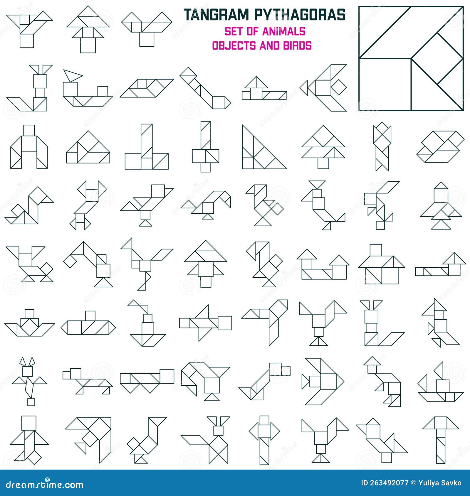 Tangram Pythagoras Puzzle Vector Set With Various Objects