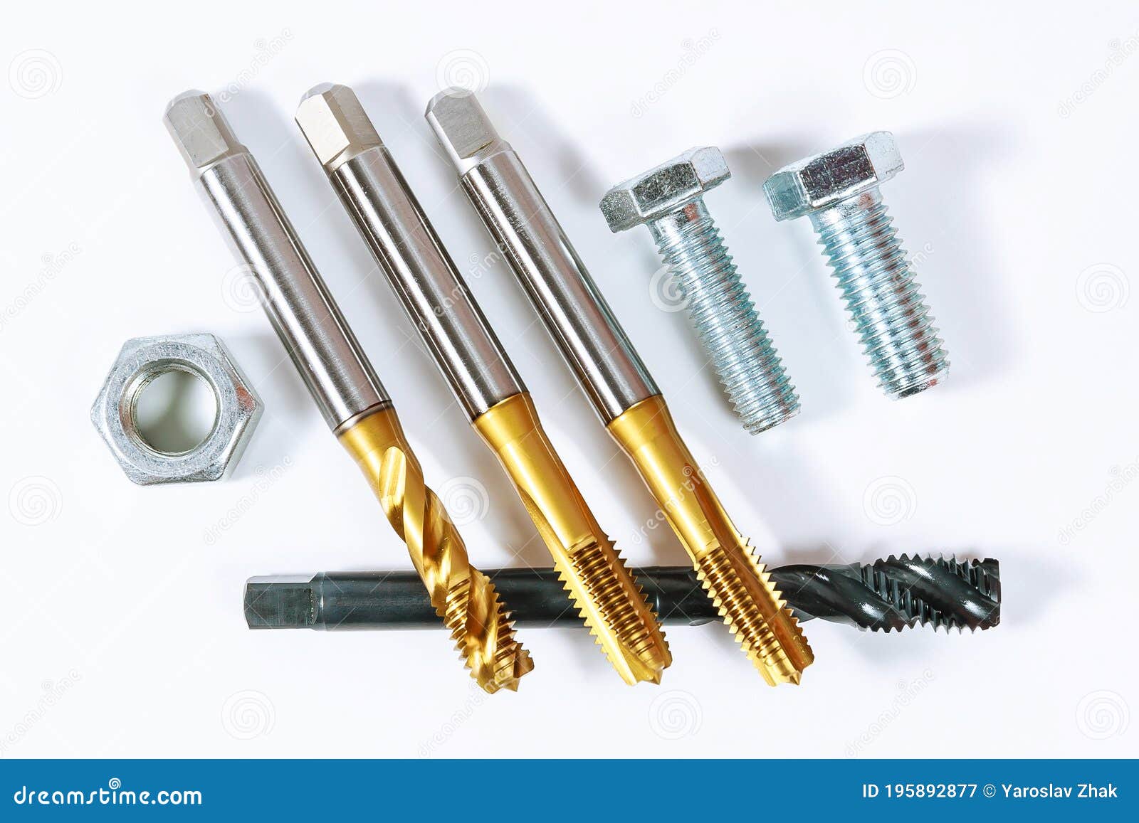 Set of Tap for Threading in Metal. Bolts and Nuts Isolated on White ...