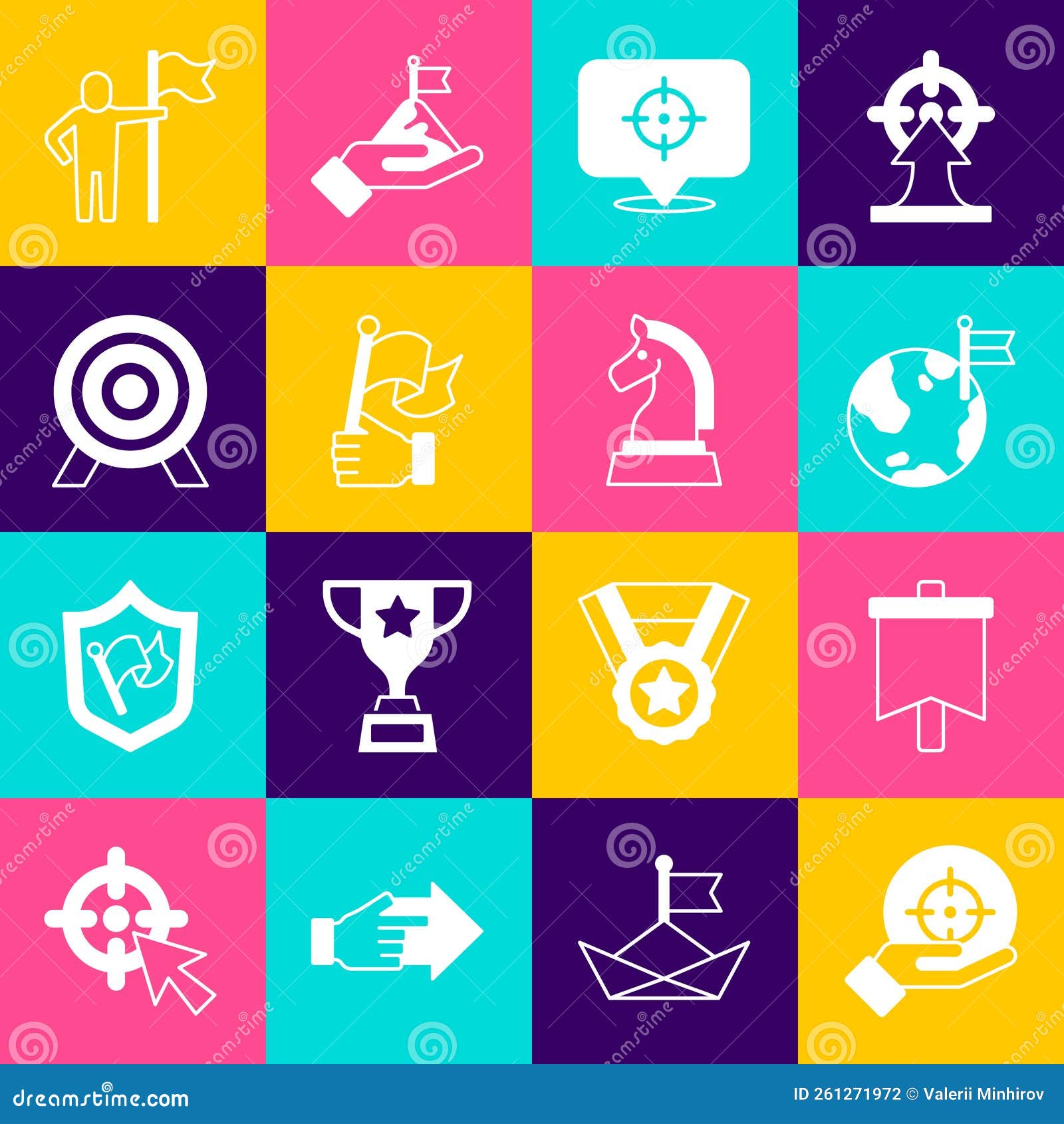 Set Target, Flag, Planet with Flag, Hand Holding, Man and Chess Icon ...
