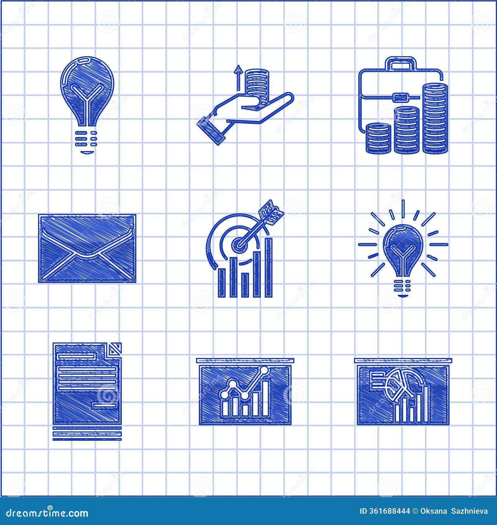 Set Target with Graph Chart, Board, Light Bulb Rays Shine and Concept ...