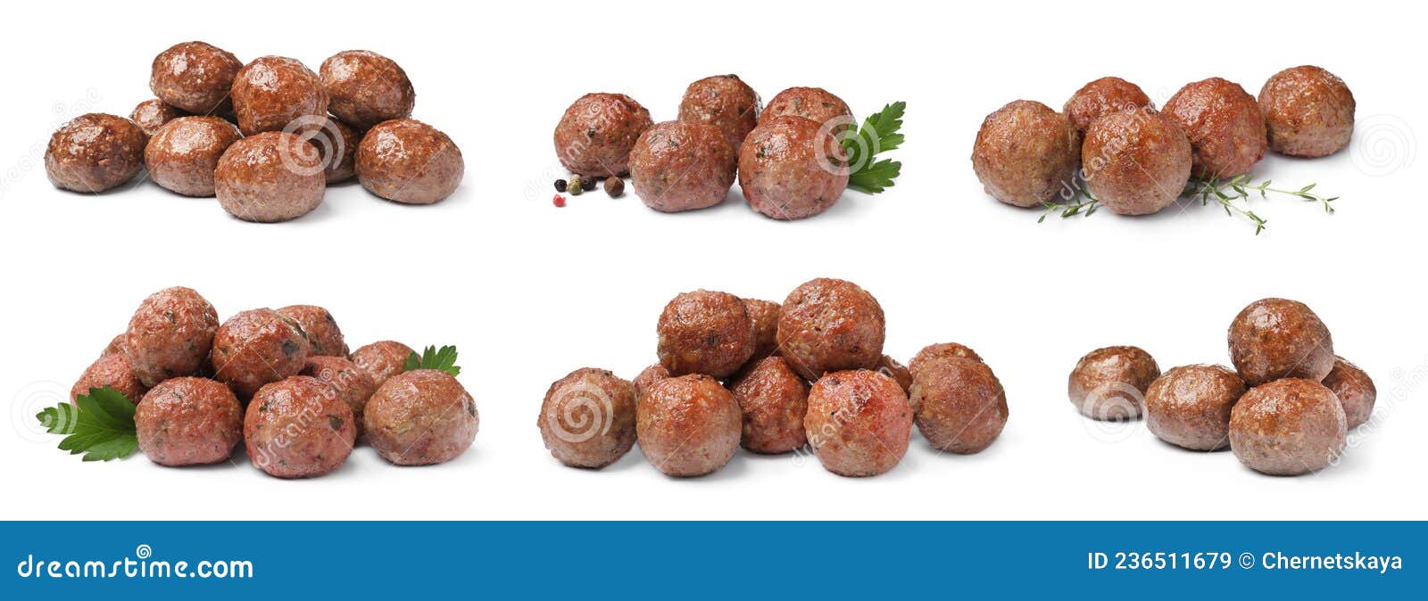 Set with Tasty Cooked Meatballs on White Background. Banner Design ...