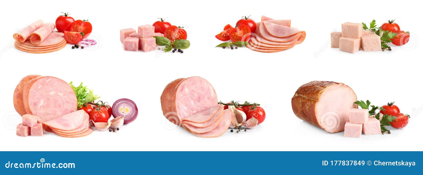 Set of Tasty Hams on Background. Banner Design Stock Image - Image of ...