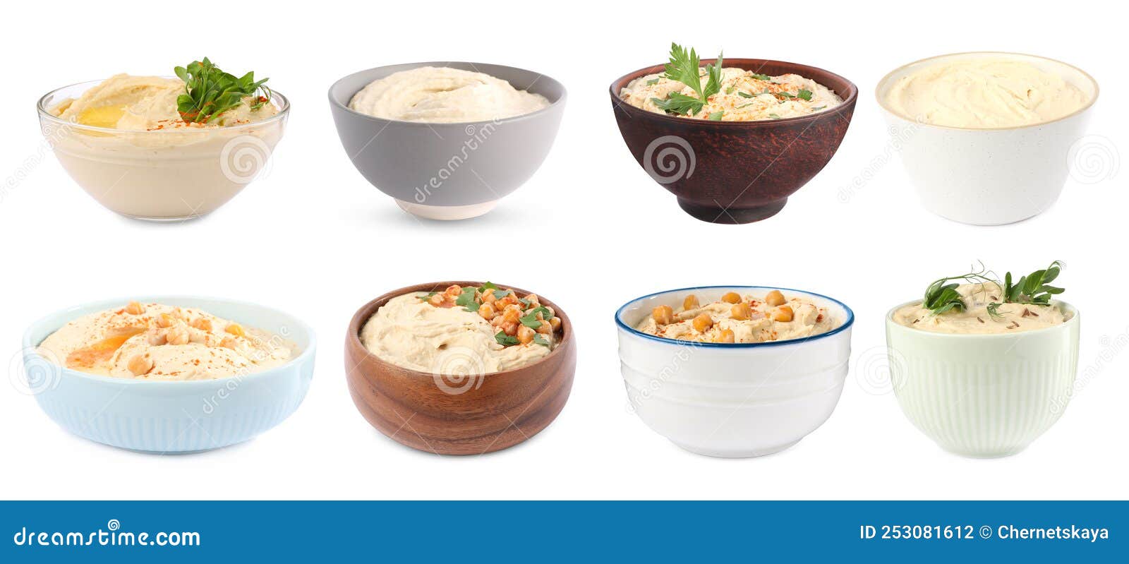 Set with Tasty Hummus on White Background. Banner Design Stock Photo ...