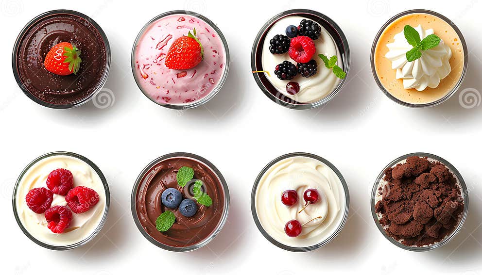 Set of Tasty Pudding Isolated on White, Top View Stock Illustration ...