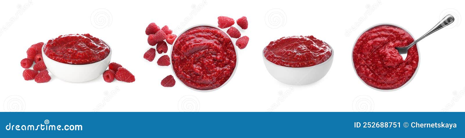 Set with Tasty Raspberry Puree on White Background. Banner Design Stock ...