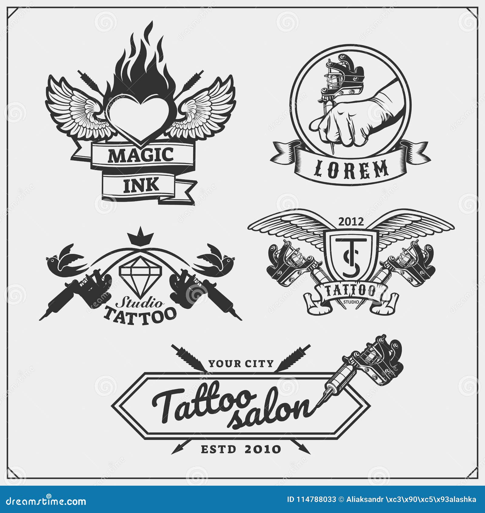 Set of Tattoo Salon Labels, Badges and Design Elements. Tattoo Studio ...