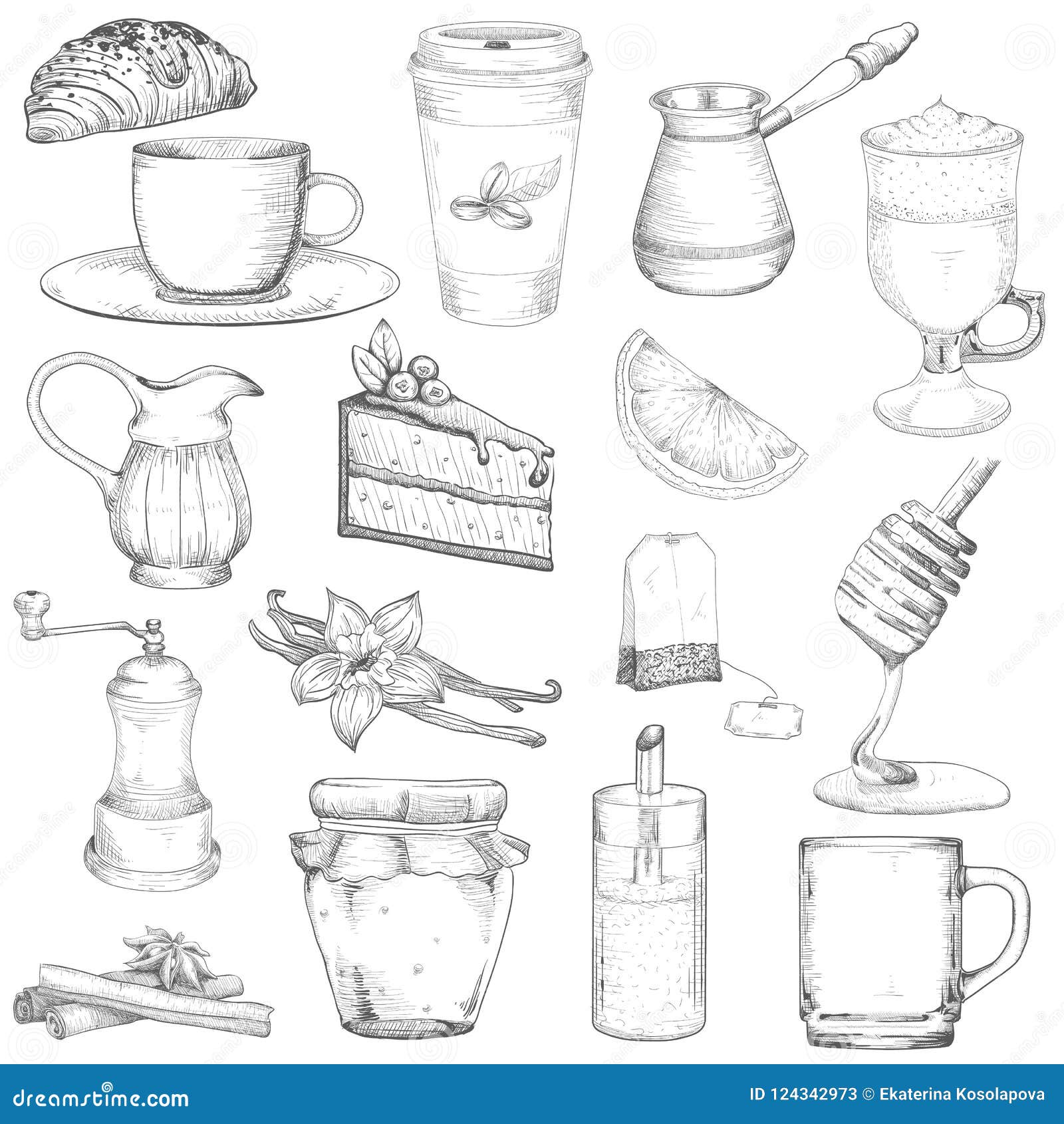 Set Tea and Coffee Vector Elements Sketch Style Stock Illustration ...