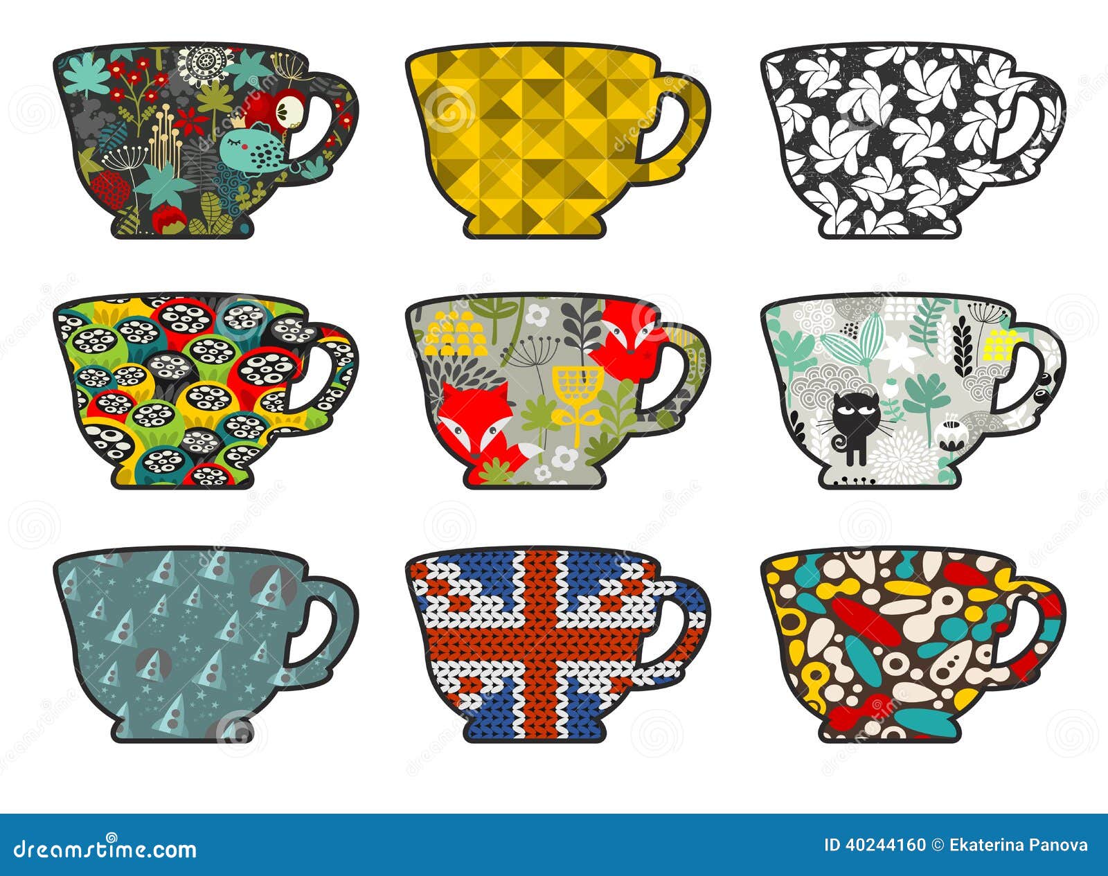 Set of Tea Cups with Different Patterns. Stock Vector - Illustration of ...